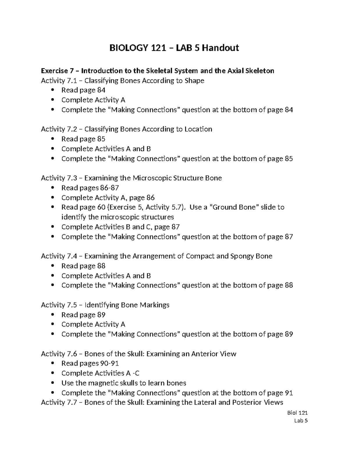 Biology 121 Lab 5: Activities on Skeletal System & Axial Skeleton - Studocu
