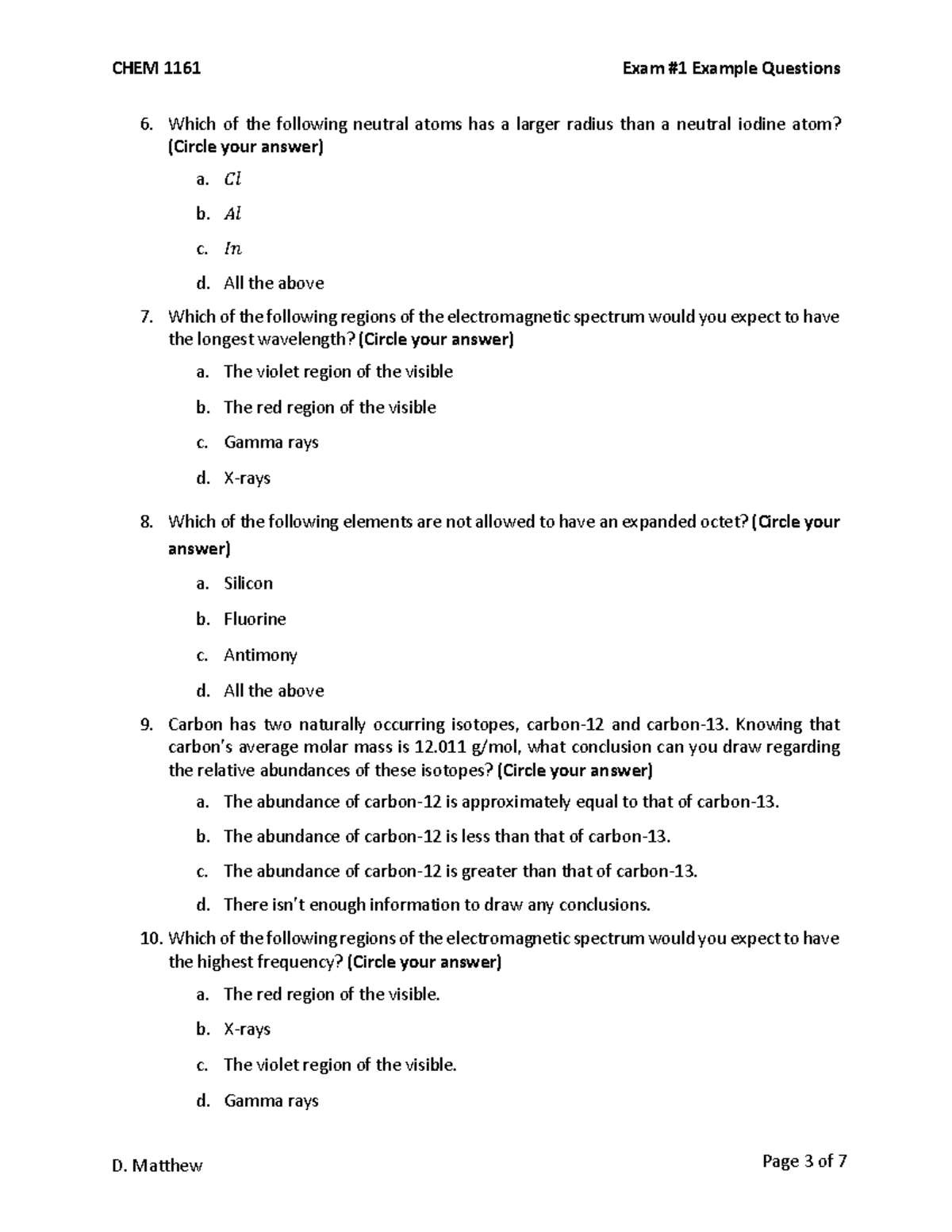 CHEM 1161 - Exam 1 Sample Questions and Answers - Studocu