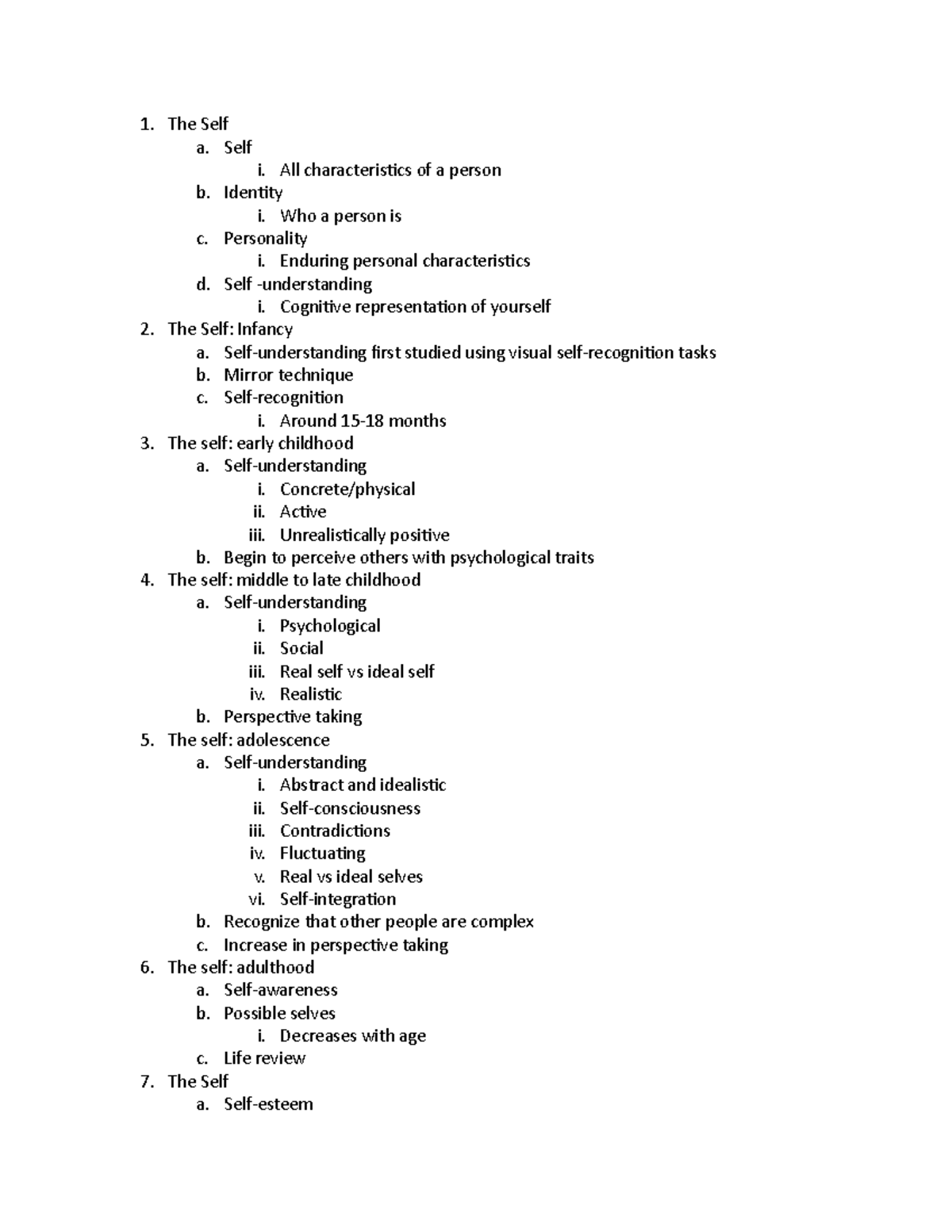 CH 11 notes - 1. The Self a. Self 2. 3. 4. 5. 6. 7. i. All ...