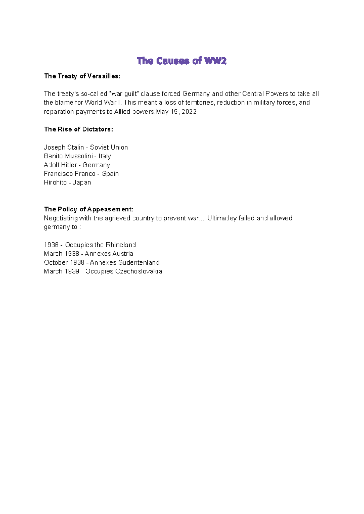 History WW2 Timeline and notes - The Causes of WW The Treaty of ...