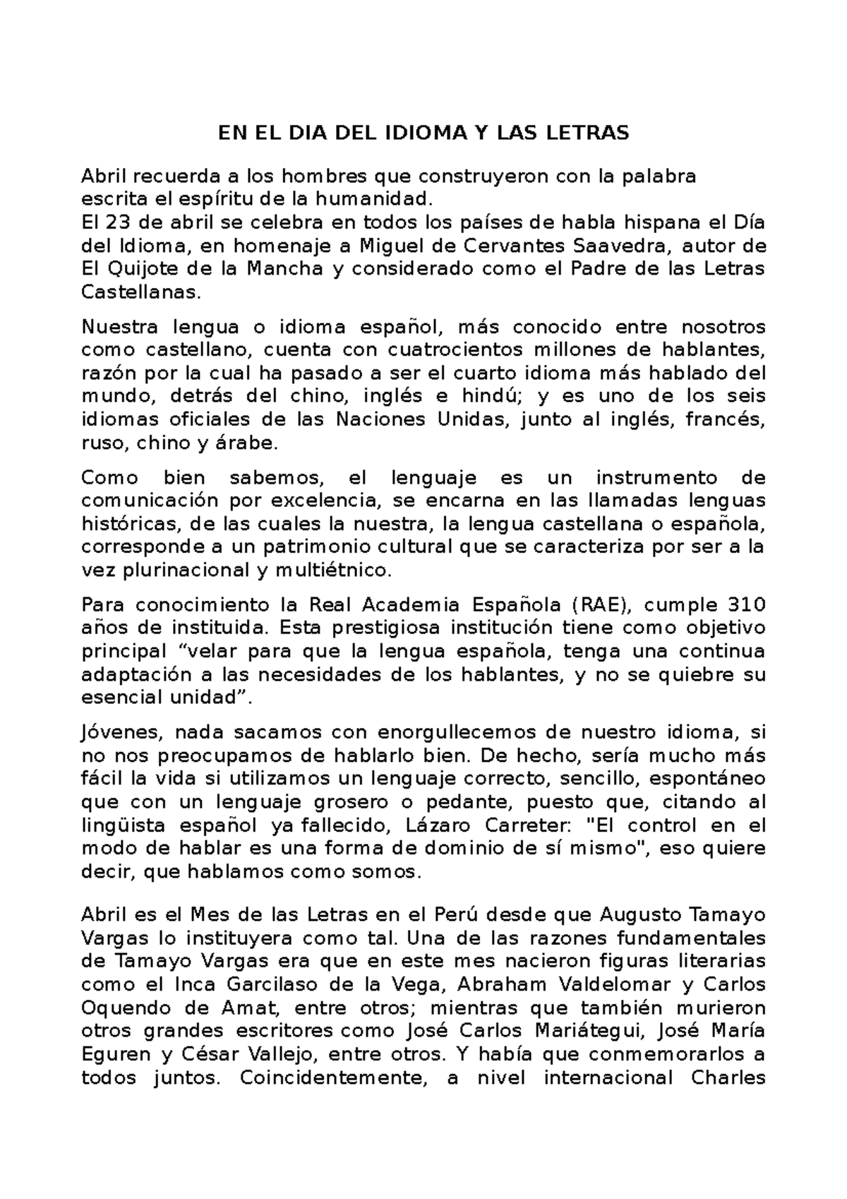 Charla or e dia del idioma - EN EL DIA DEL IDIOMA Y LAS LETRAS Abril ...