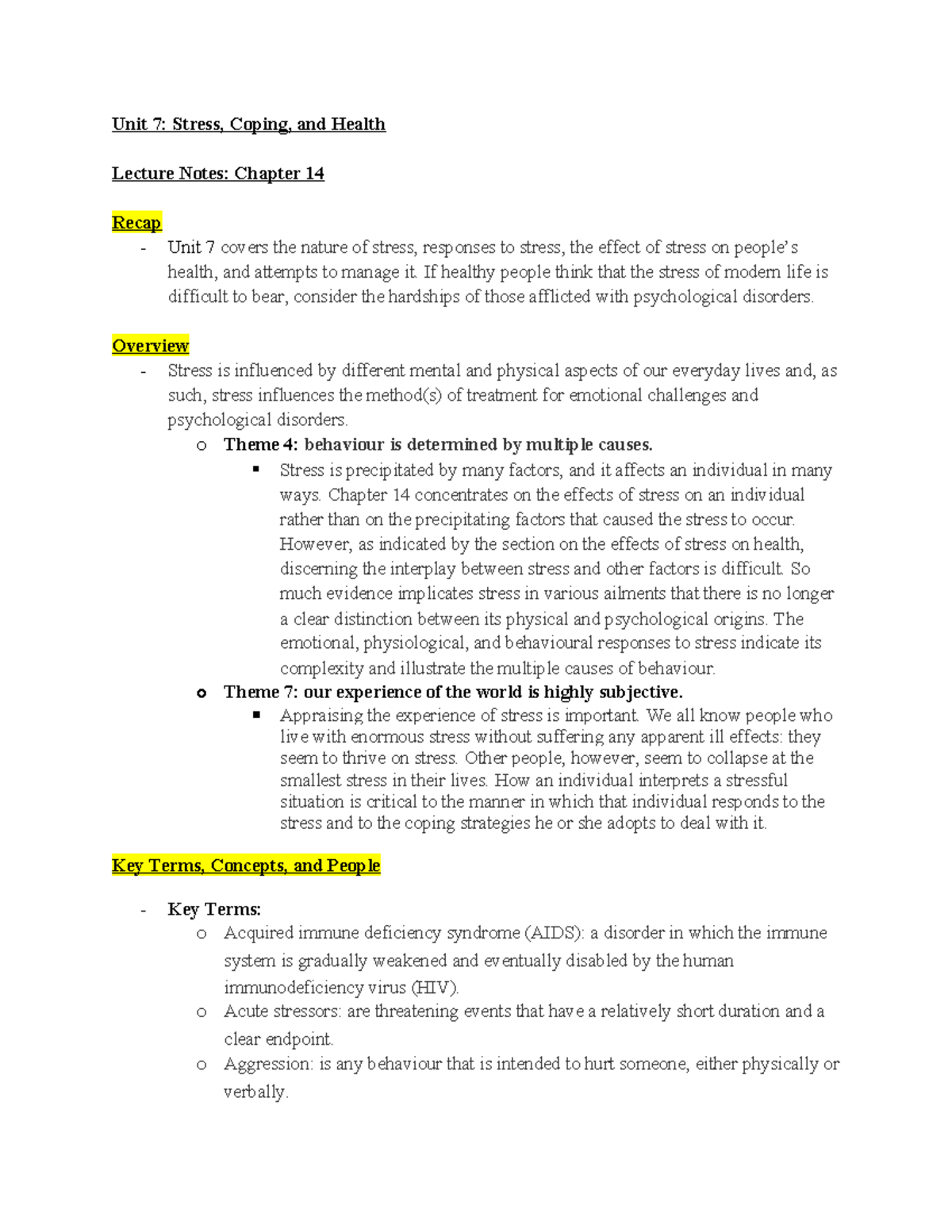 Unit 7 Lecture Notes - Unit 7: Stress, Coping, and Health Lecture Notes ...