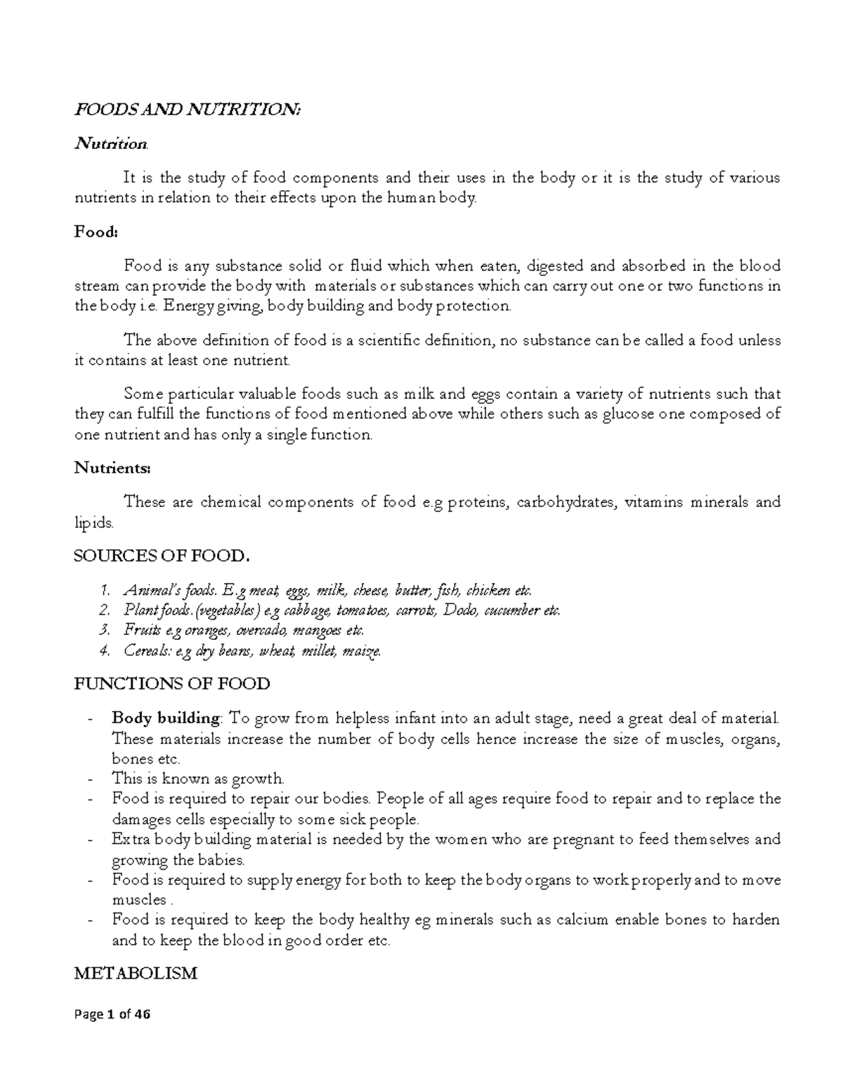 FOODS AND NUTRITION: Comprehensive Study Notes - Studocu