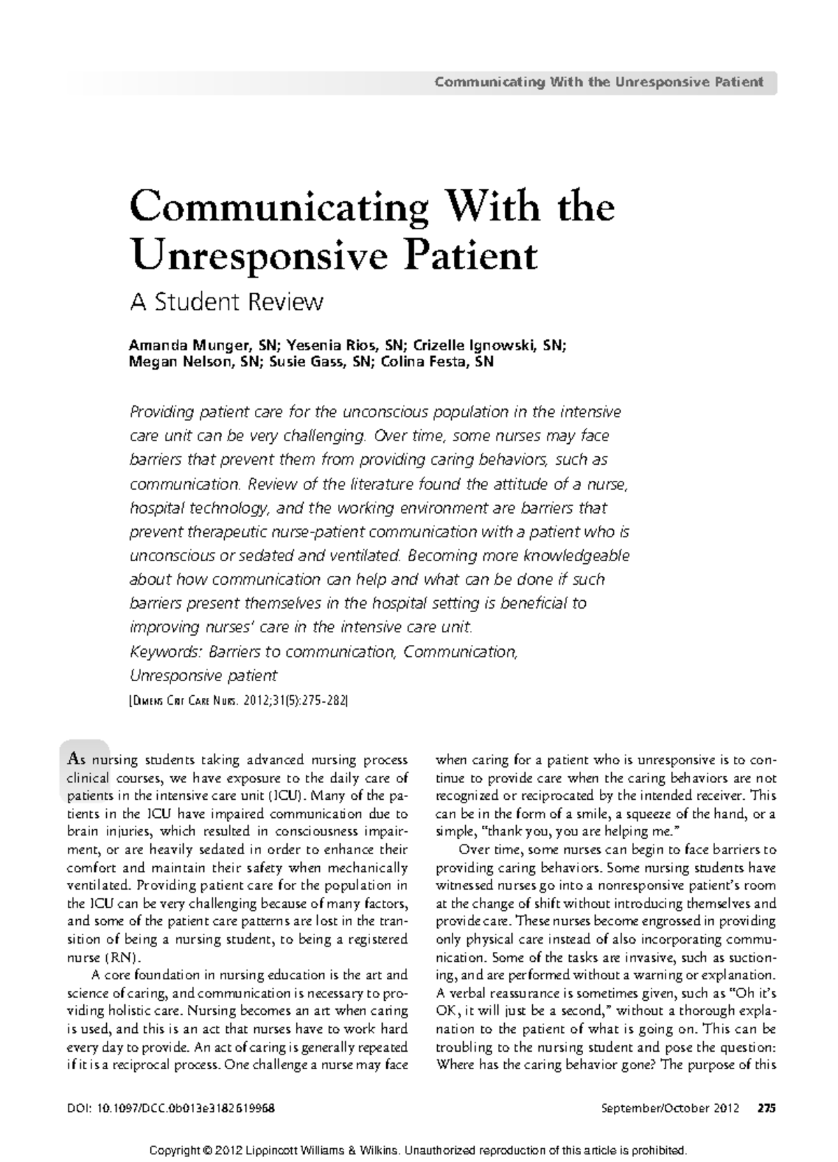 Communicating With the Unresponsive Patient A Student Review ...