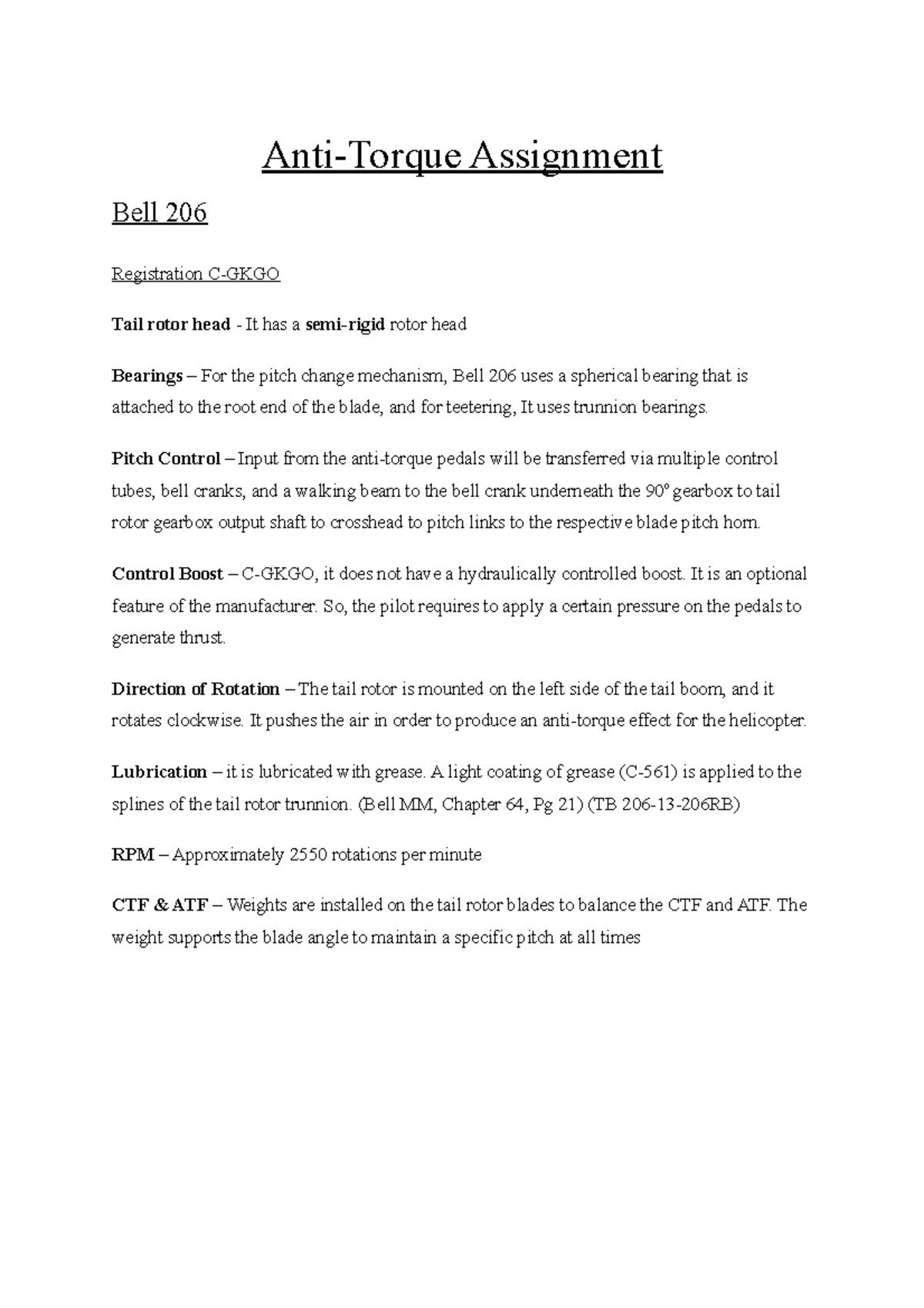 Anti-Torque Systems Assignment: Bell 206 & Robinson 22 Overview - Studocu