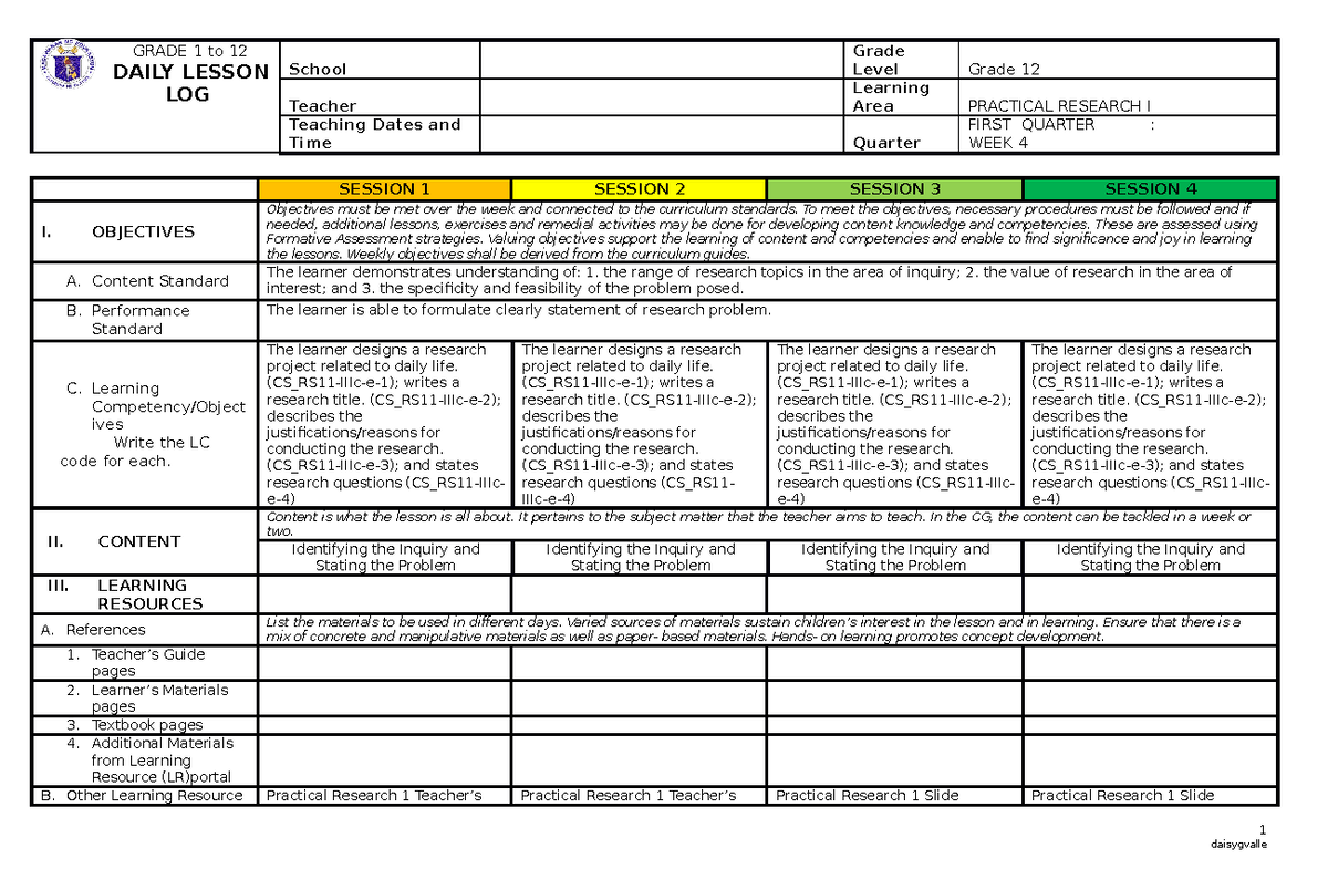 Practical Research I: Week 4 Daily Lesson Plan for Grade 12 - Studocu