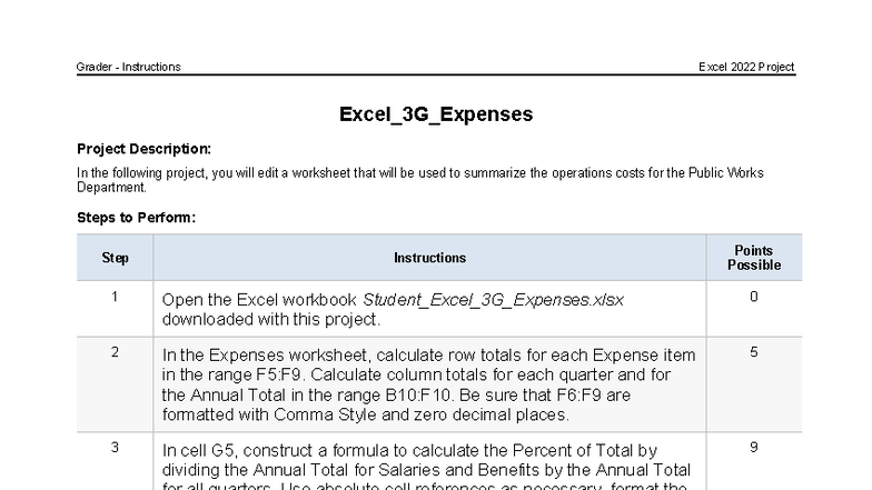 Excel 2022 Project: Grader Instructions for 3G Expenses - Studocu