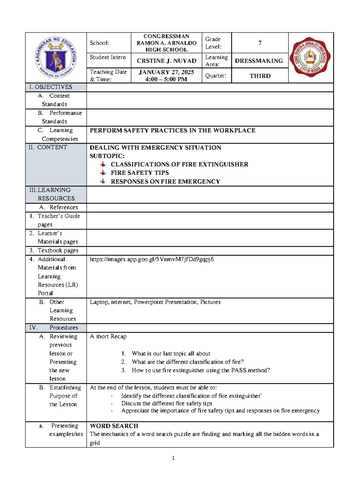 Lesson Plan: Fire Safety Practices (Grade 7 DRESSMAKING) - Studocu