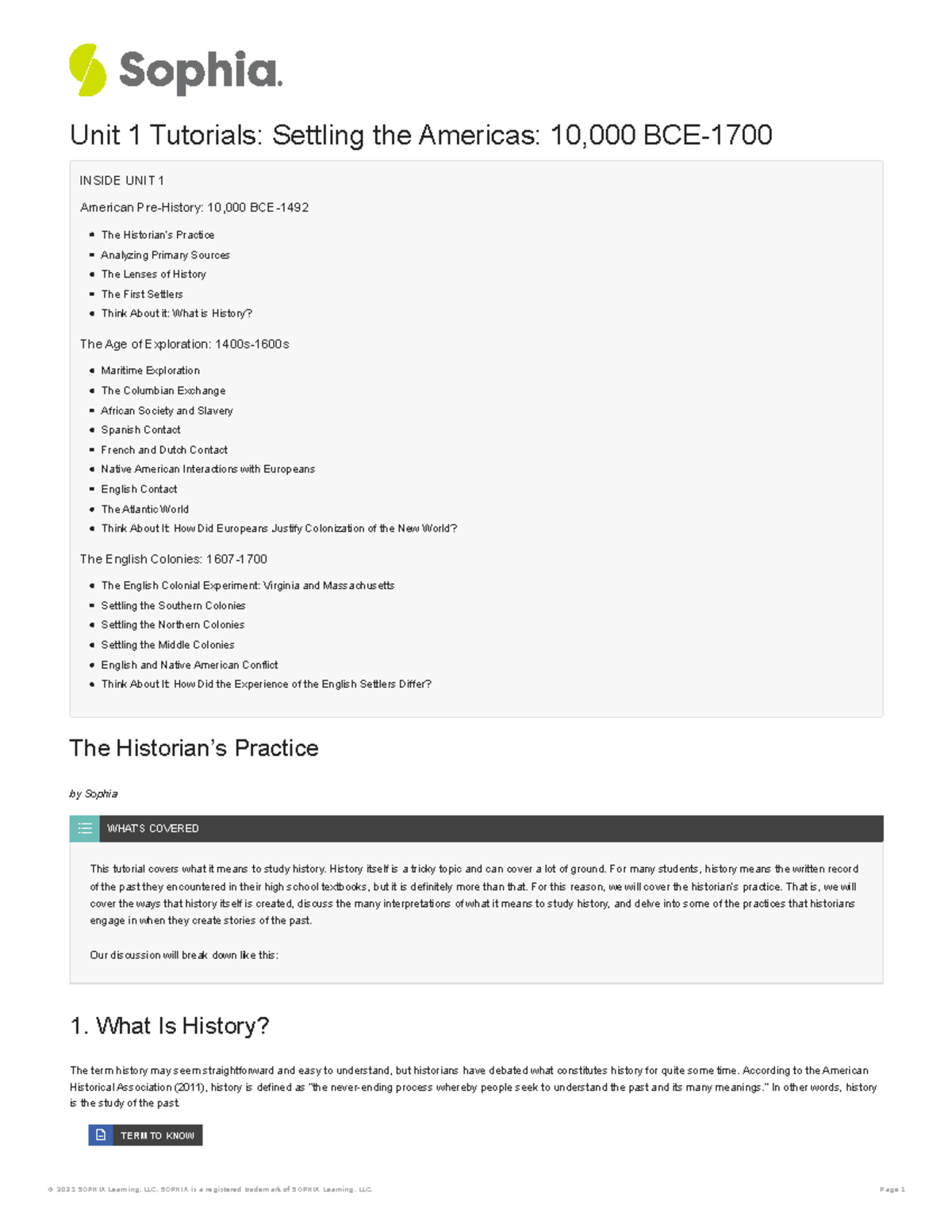 Sophia US History Unit 1: Tutorials on Settling the Americas - Studocu