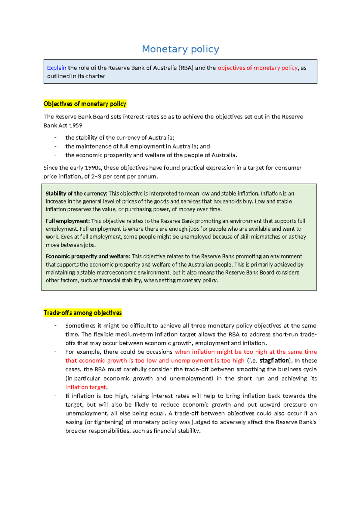 Monetary Policy (ECO101) - Role of RBA & Economic Objectives Explained - Studocu