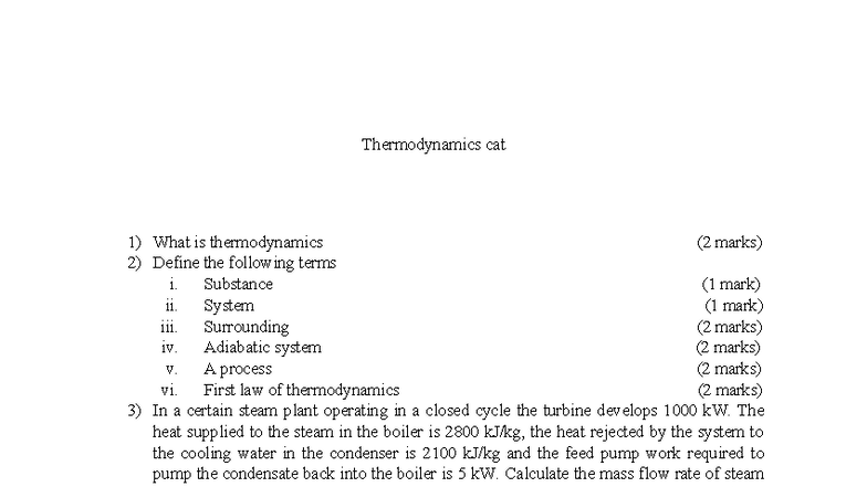 Thermodynamics CAT 1: Key Concepts and Calculations - Studocu