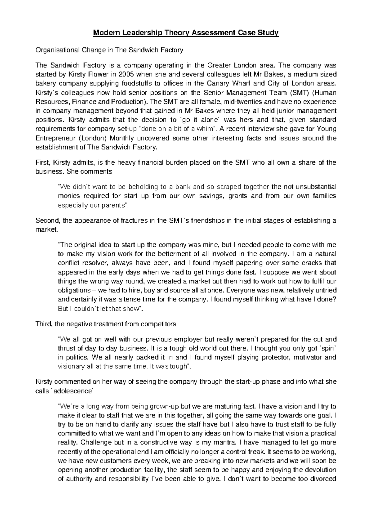 Modern Leadership Theory Assessment Case Study - Modern Leadership ...
