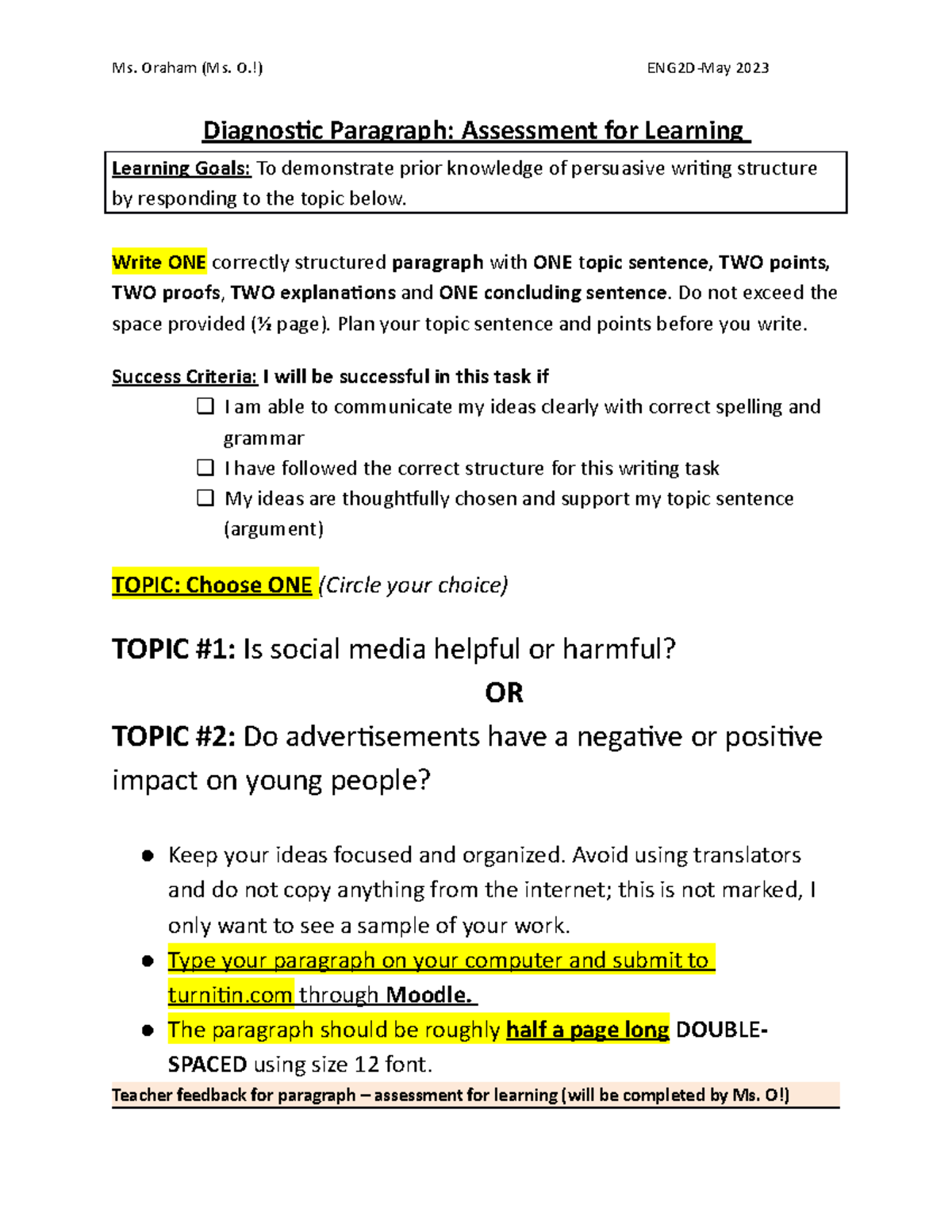 ENG2D Diagnostic Paragraph instructions, feedback and goal setting - Ms ...