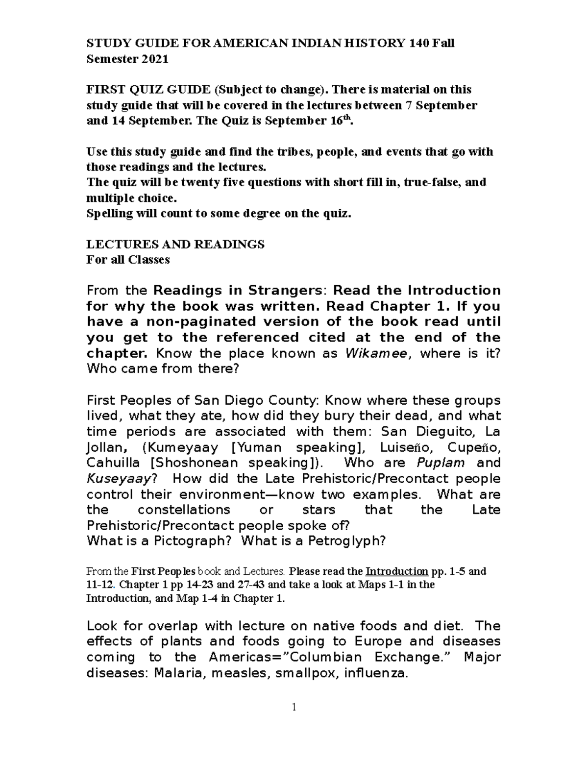 AMIND 140 Study Guide Quiz #1 - STUDY GUIDE FOR AMERICAN INDIAN HISTORY ...