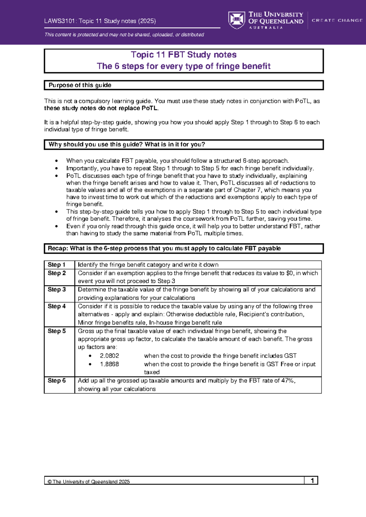 LAWS3101: Topic 11 FBT Study Notes - 6 Steps for Calculation (2025 ...