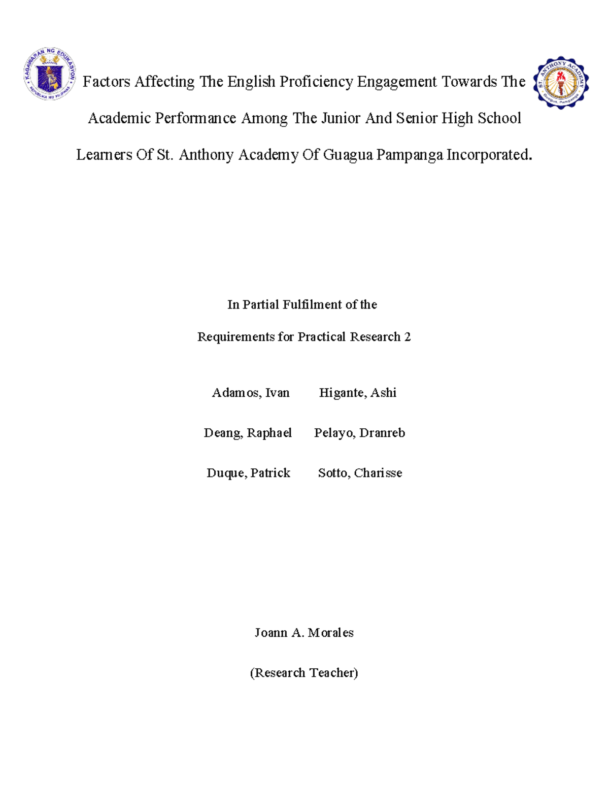 Factors Affecting English Proficiency Engagement in JHS - PR 2 Study - Studocu