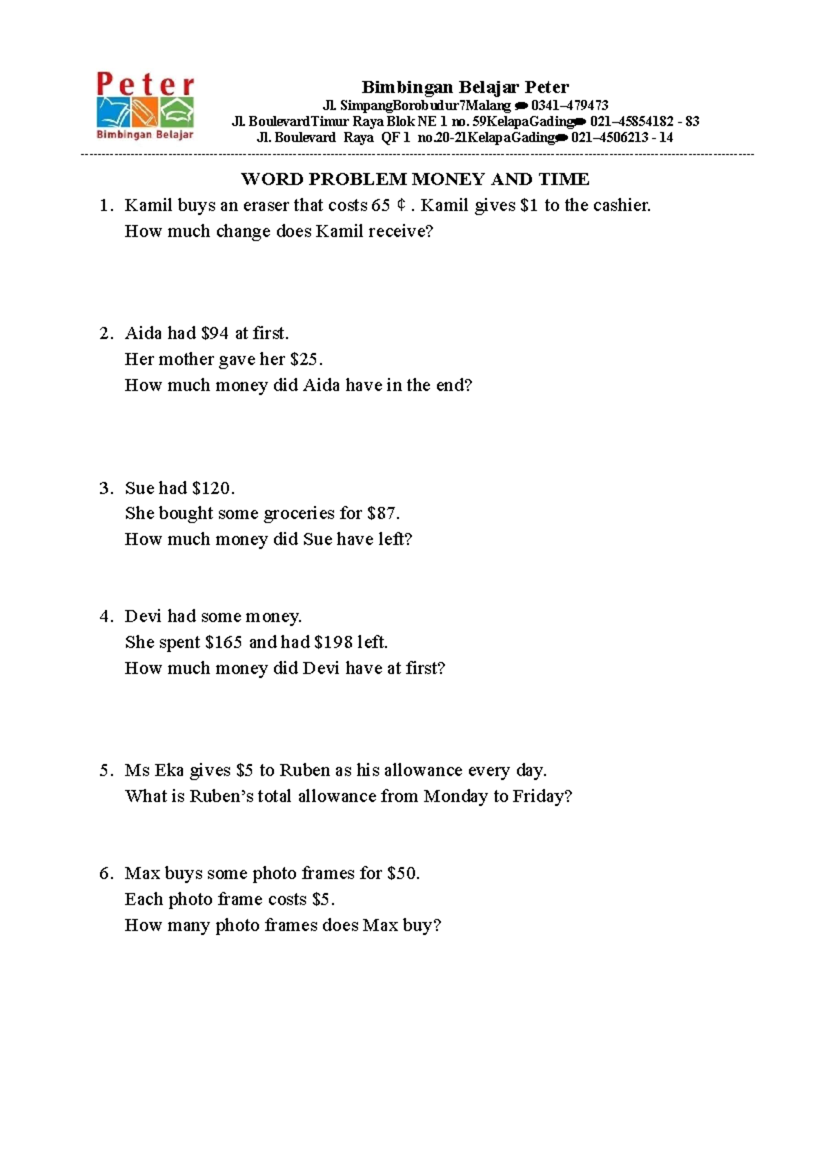 Bimbingan Belajar: Word Problems on Money and Time - Studocu