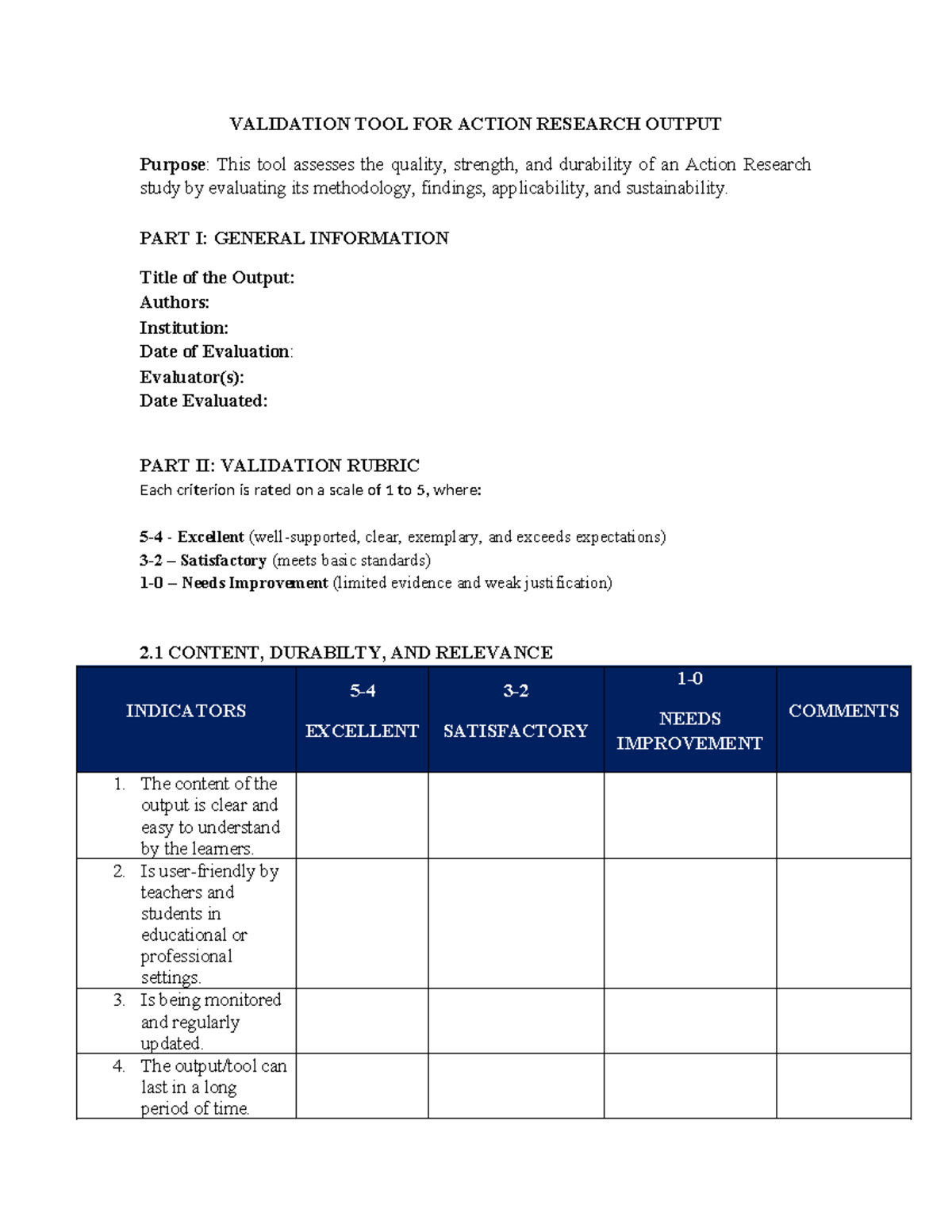 VALIDATION TOOL FOR ACTION RESEARCH OUTPUT (Norsu) - Studocu