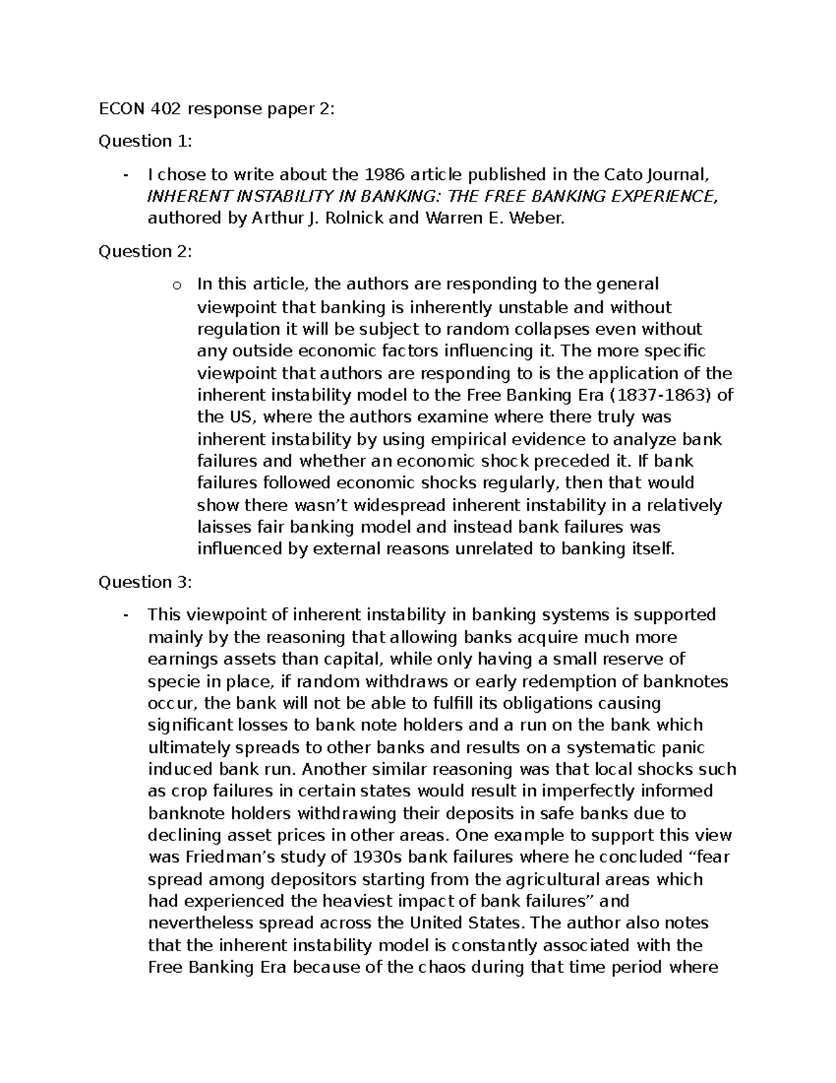 ECON 402 Response Paper 2: Analyzing Inherent Instability in Banking ...