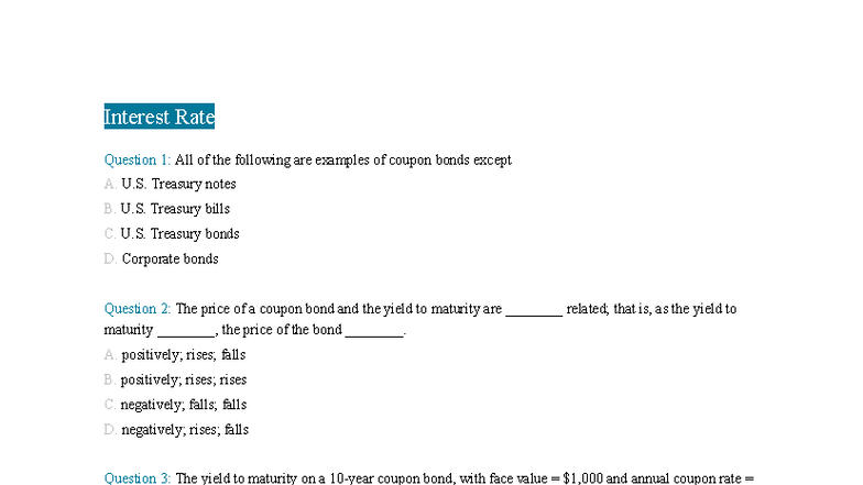 Interest Rate Review: Key Concepts and Questions - Studocu