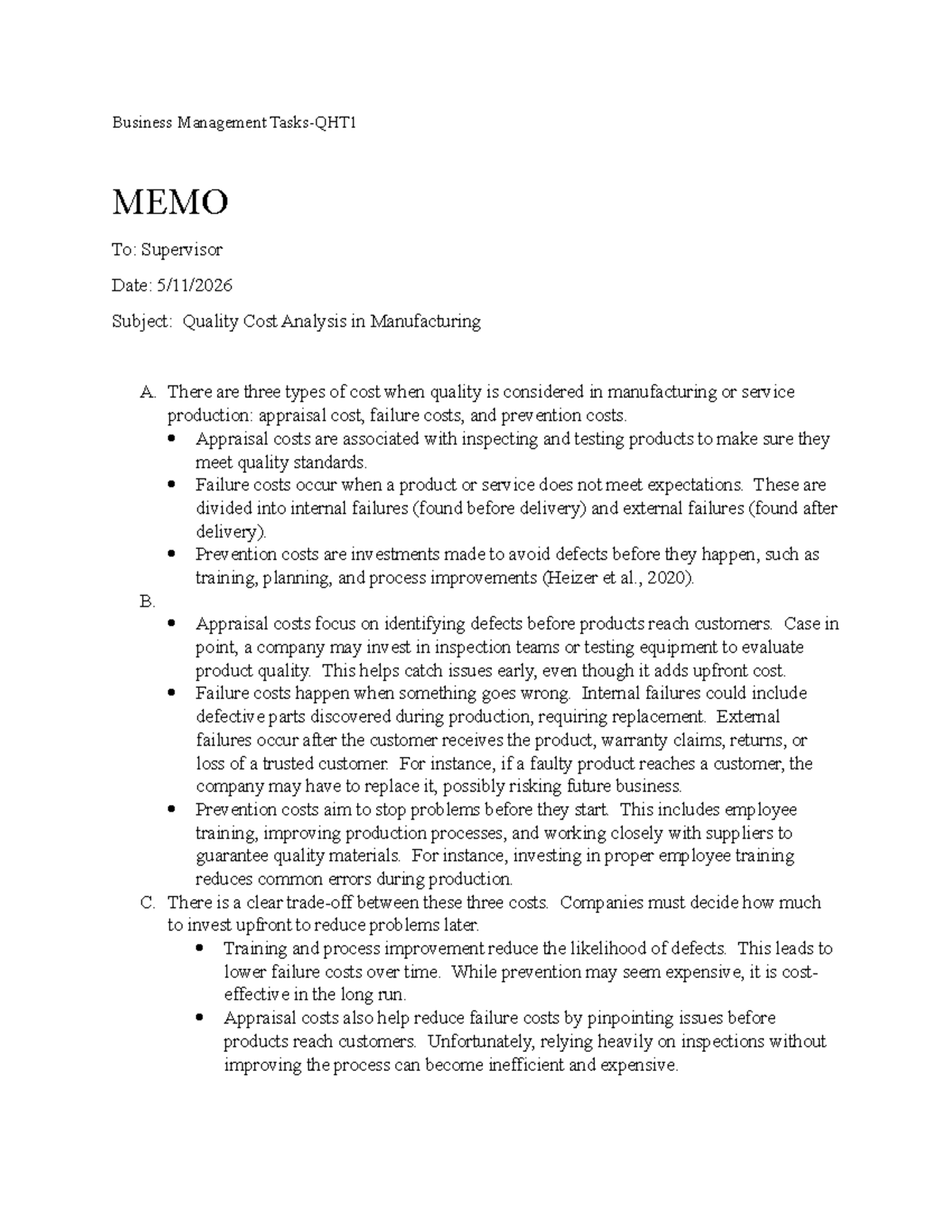 AVM1 Task 1 - Quality Cost Analysis in Manufacturing Memo - Studocu