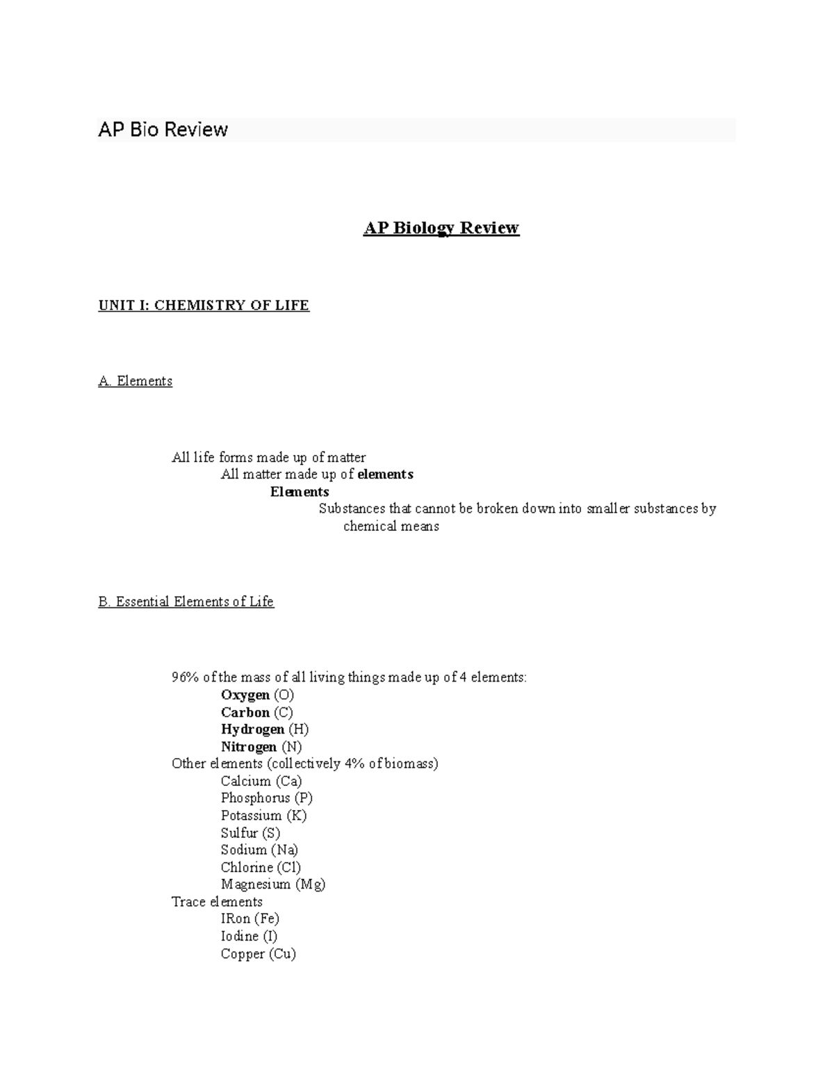 AP Biology - AP Bio Review AP Biology Review UNIT I: CHEMISTRY OF LIFE ...