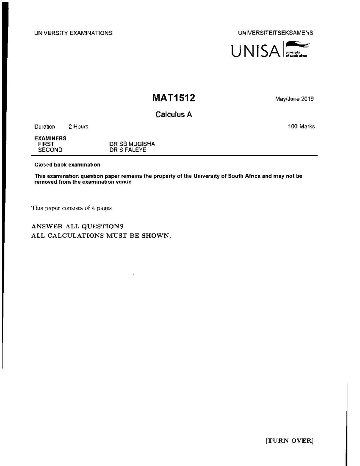 MAT1512 2019 Final Exam: Calculus A Question Paper - Studocu