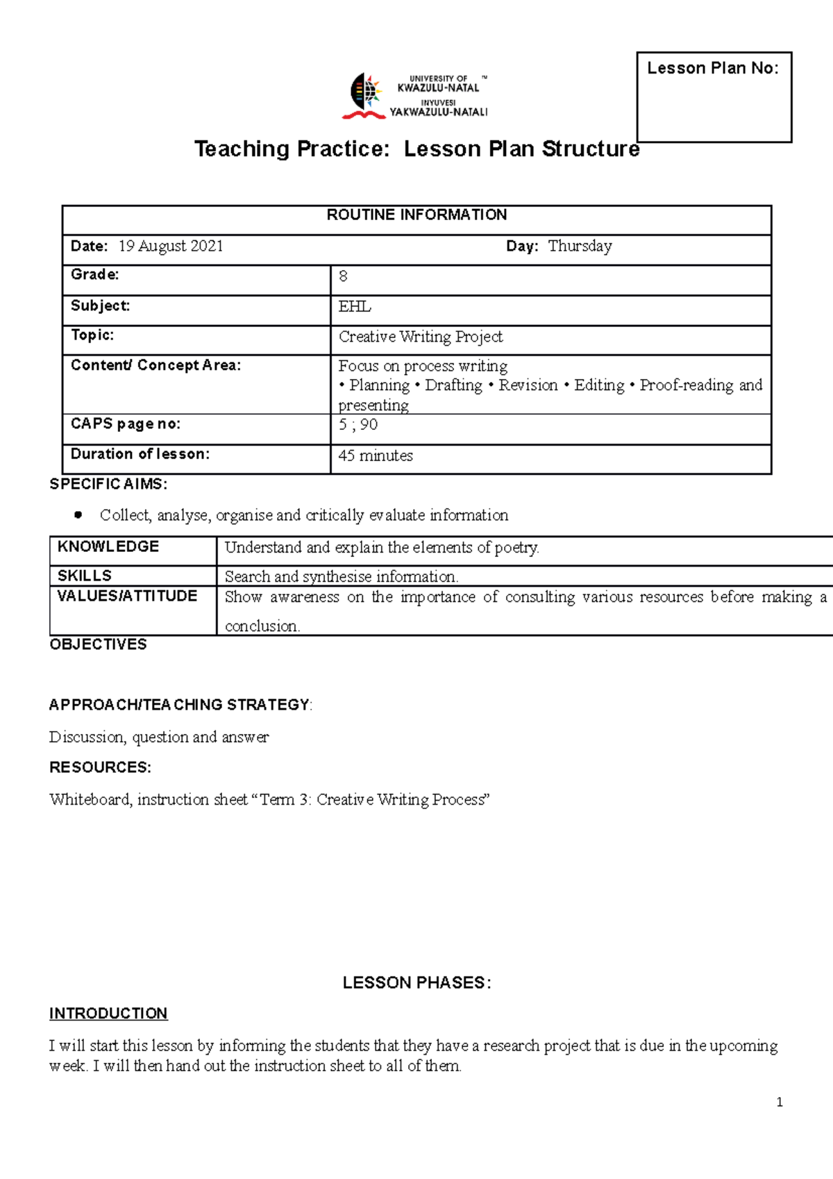 Grade 8 EHL Creative Writing Project Lesson Plan - Studocu