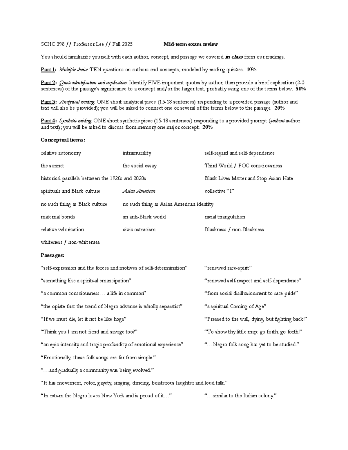 SCHC 398 - Fall 2025 Midterm Exam Review: Key Authors & Concepts - Studocu