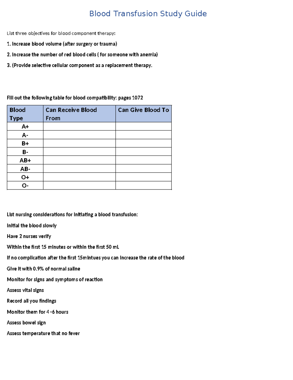 4 exam Blood Transfusion Study Aid - Blood Transfusion Study Guide List ...