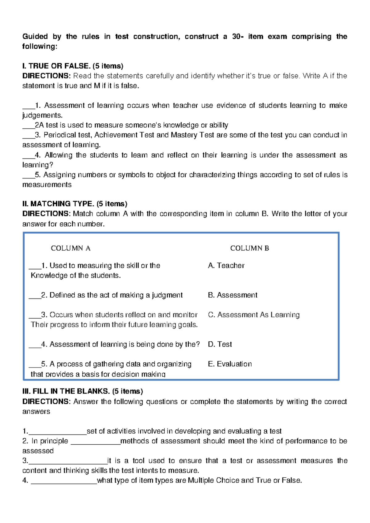 TOS 101 - Sample 30-Item Exam on Assessment Techniques - Studocu