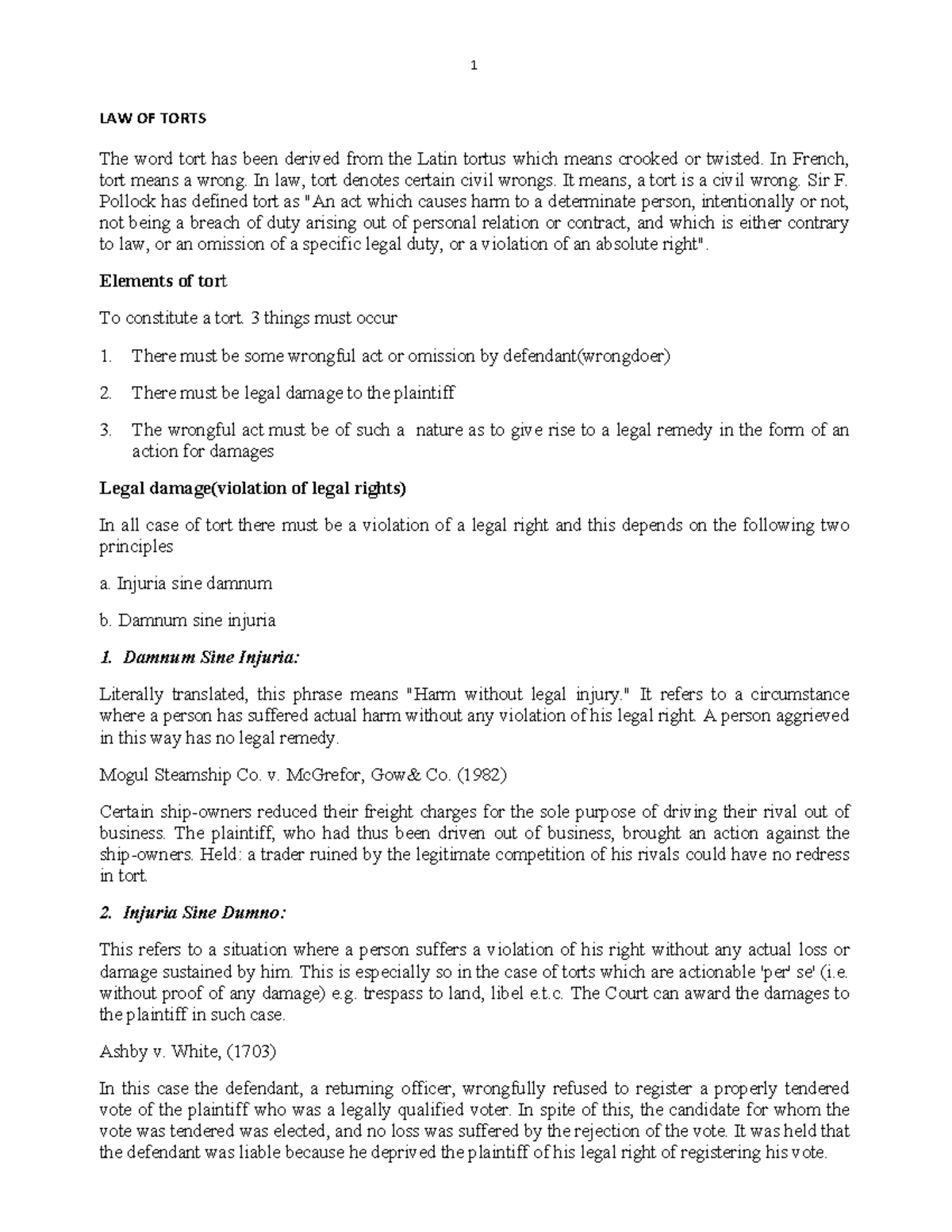 LAW OF Torts notes - LAW OF TORTS The word tort has been derived from ...