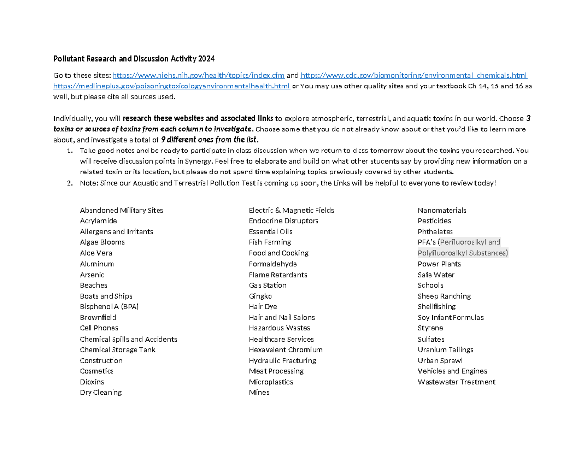 Toxins Research and Discussion Activity 2024: Exploring Environmental ...