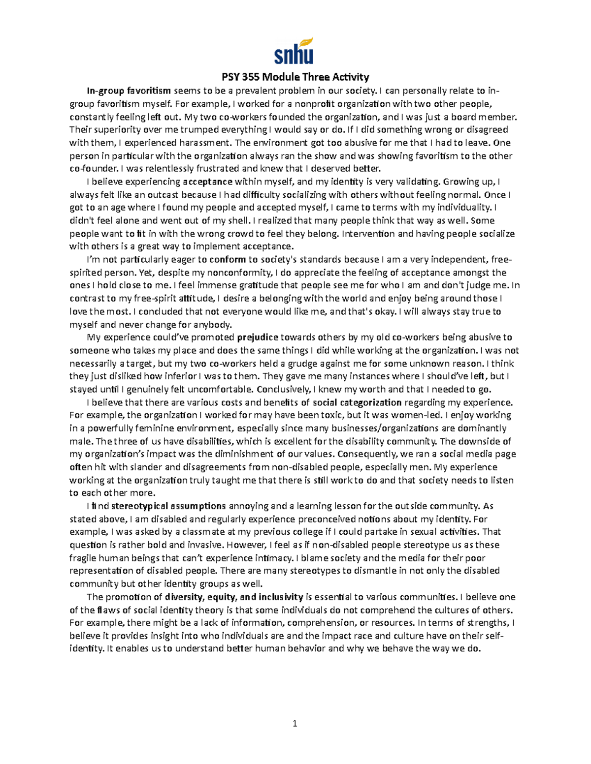 PSY 355 Module Three Activity: Exploring In-Group Favoritism and ...