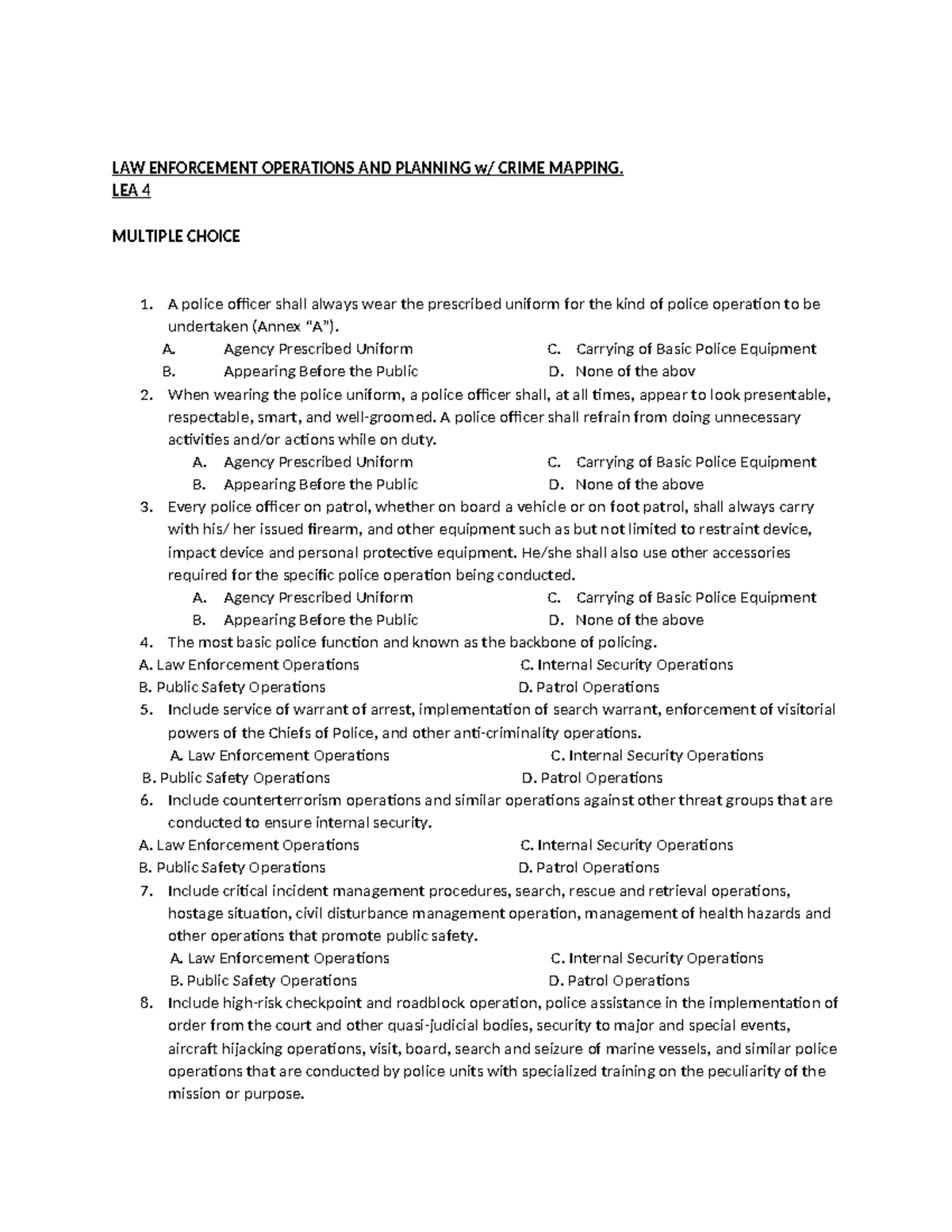 LEA 4 Law Enforcement Operations & Planning: Multiple Choice Quiz - Studocu