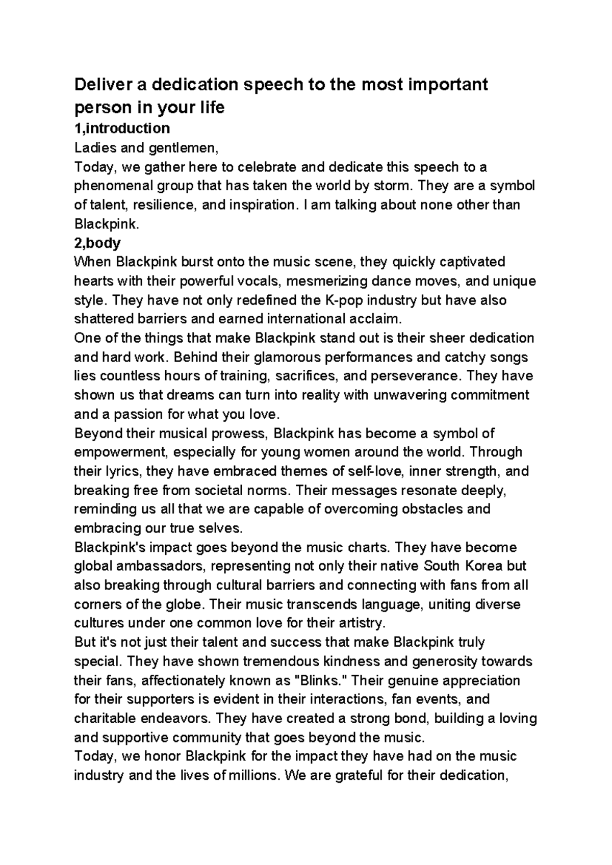 Dedication Speech: Honoring Blackpink's Impact on Music and Fans - Studocu