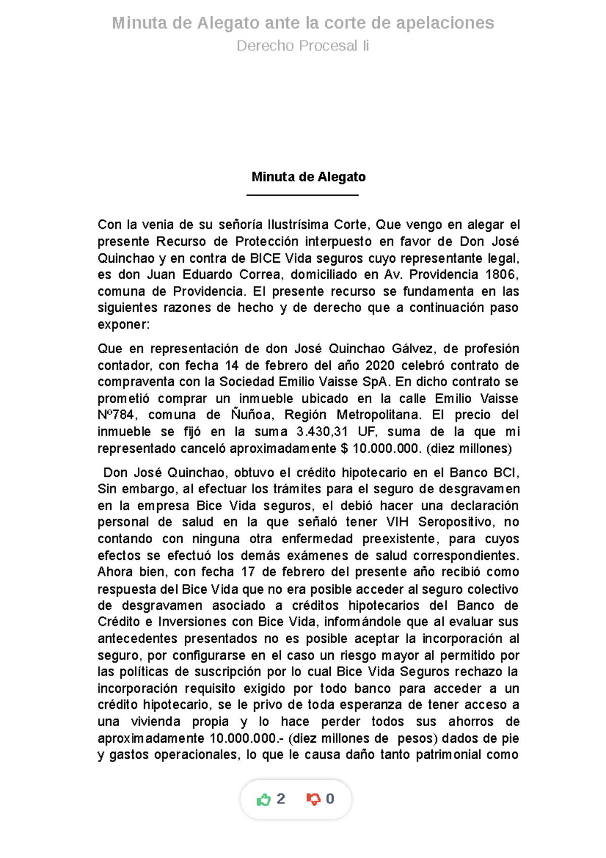 Minuta de Alegato - Recurso de Protección en Derecho Procesal II - Studocu