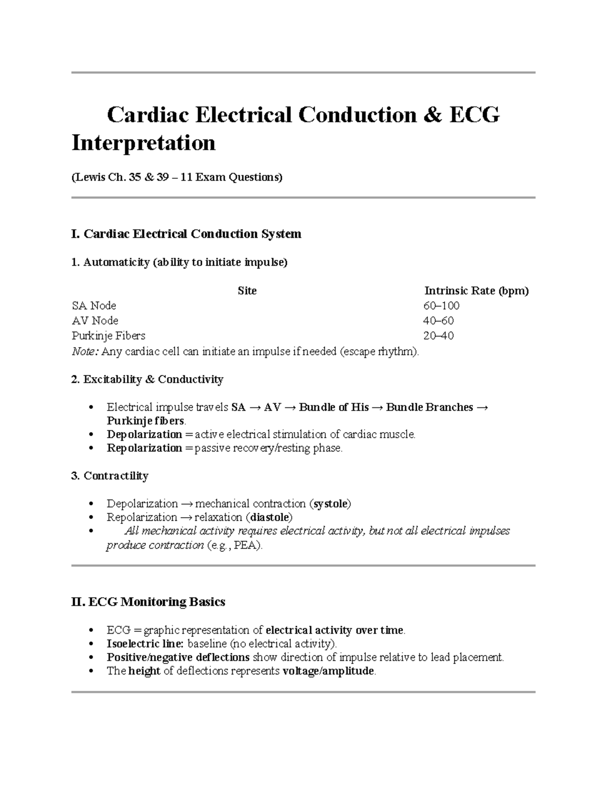 Cardiac Electrical Conduction & ECG Interpretation (Lewis Ch. 35, 39 ...