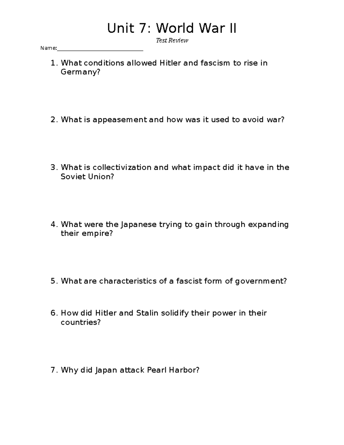 Unit 7 WWII Test Review: Key Concepts & Questions for Study Guide - Studocu