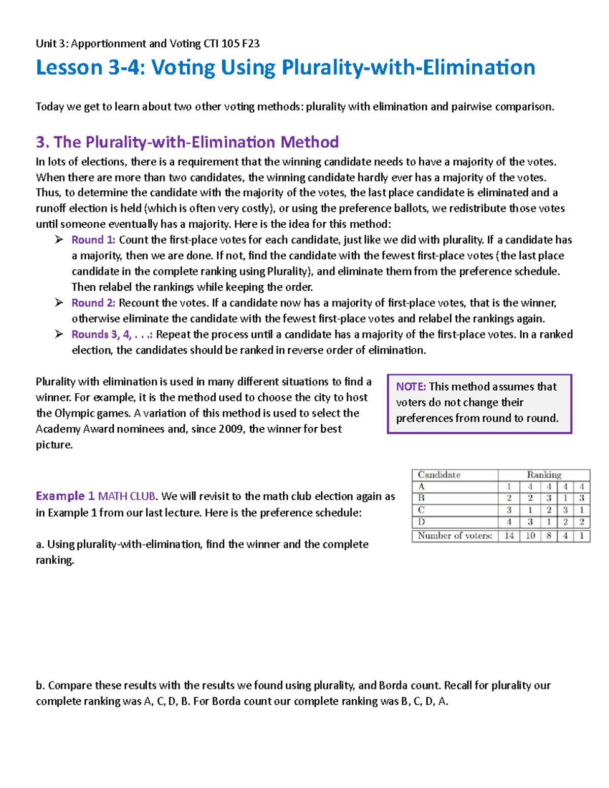 CTI 105 F23 Lesson 3-4: Voting Methods - Plurality with Elimination ...
