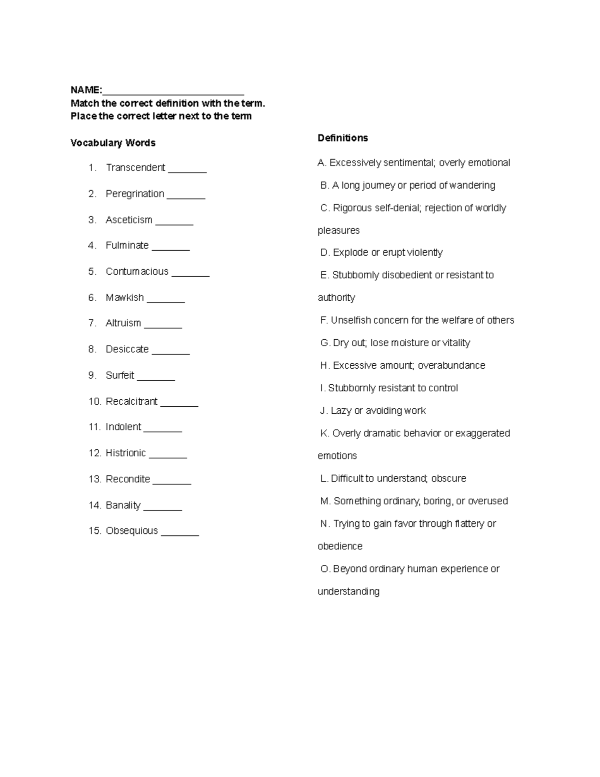 AP LANG QUIZ: Vocabulary Definitions Matching Exercise - Studocu