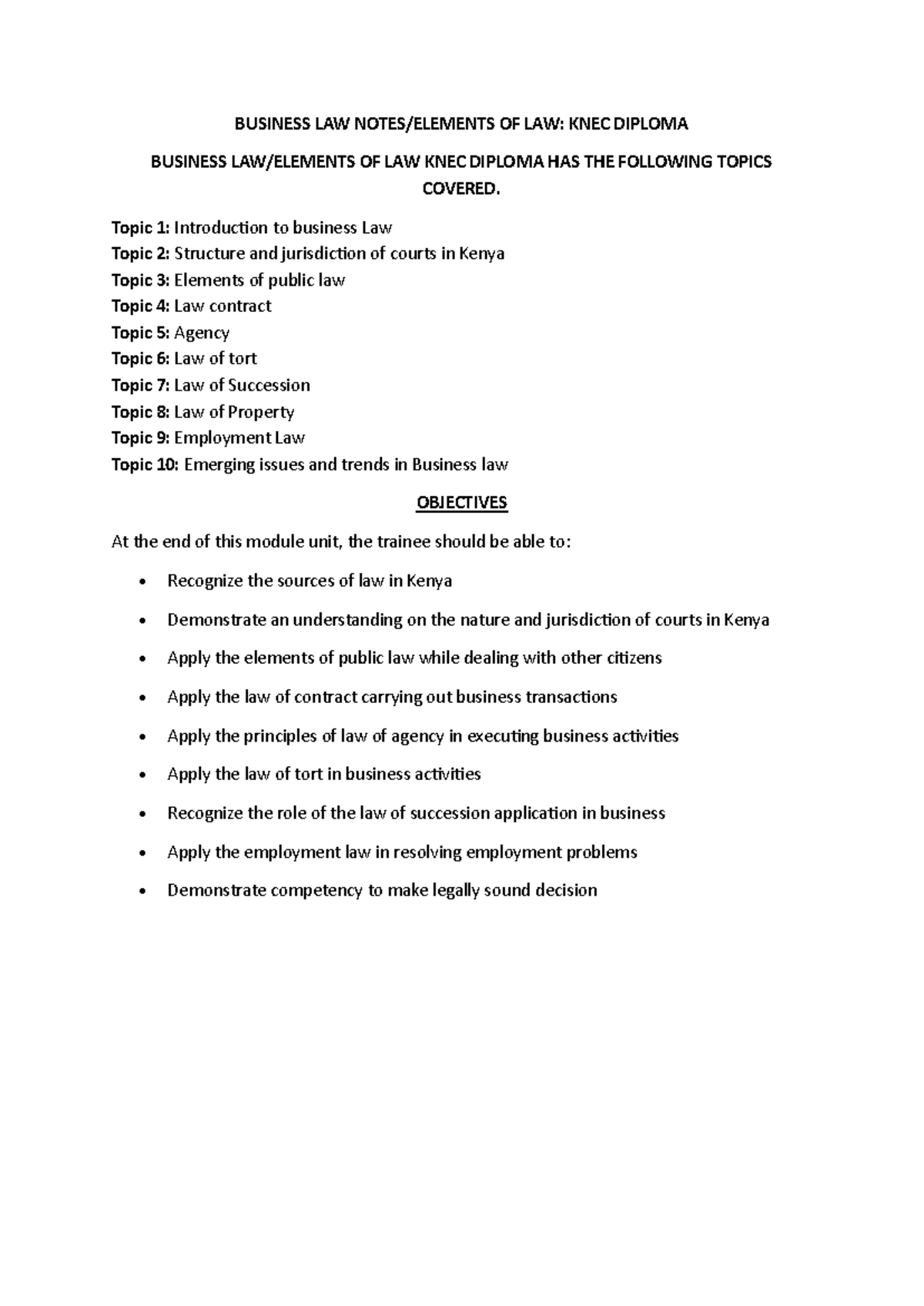 KNEC DIPLOMA BUSINESS LAW: Comprehensive Course Notes - Studocu