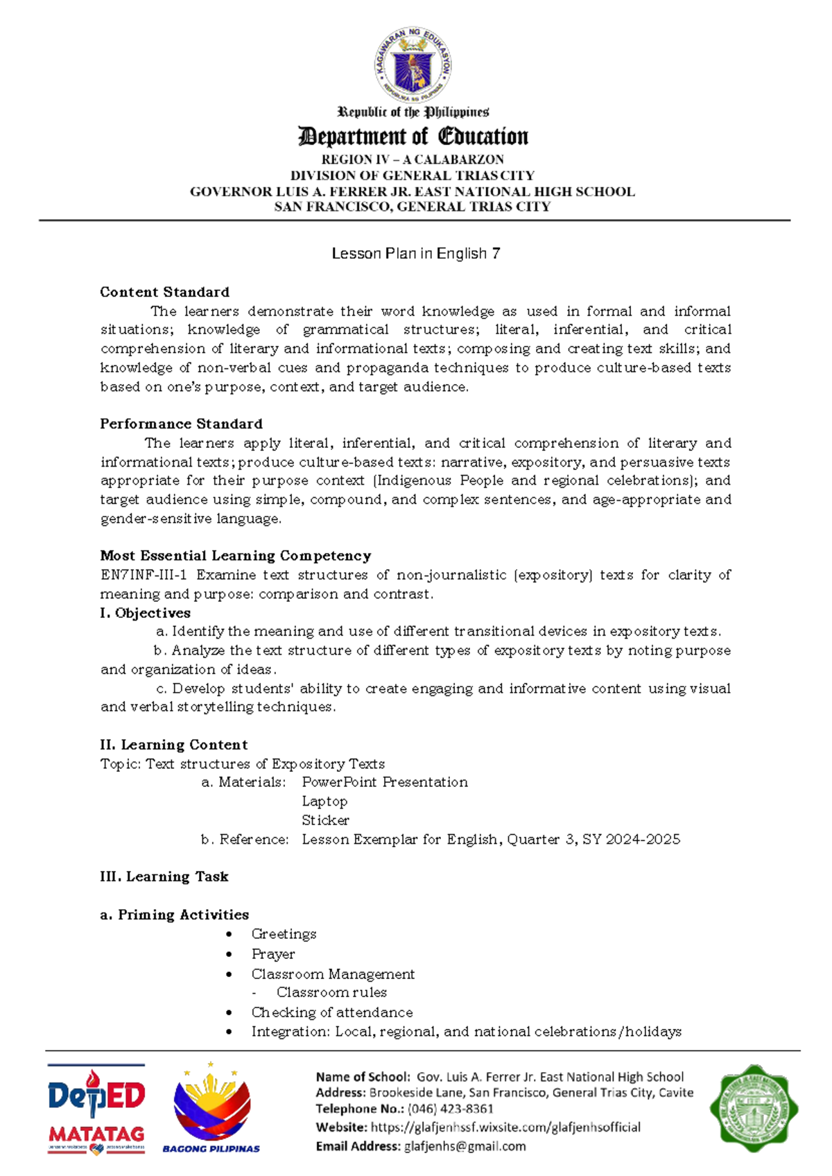 Grade 7 English Lesson Plan: Text Structure & Comprehension Skills ...