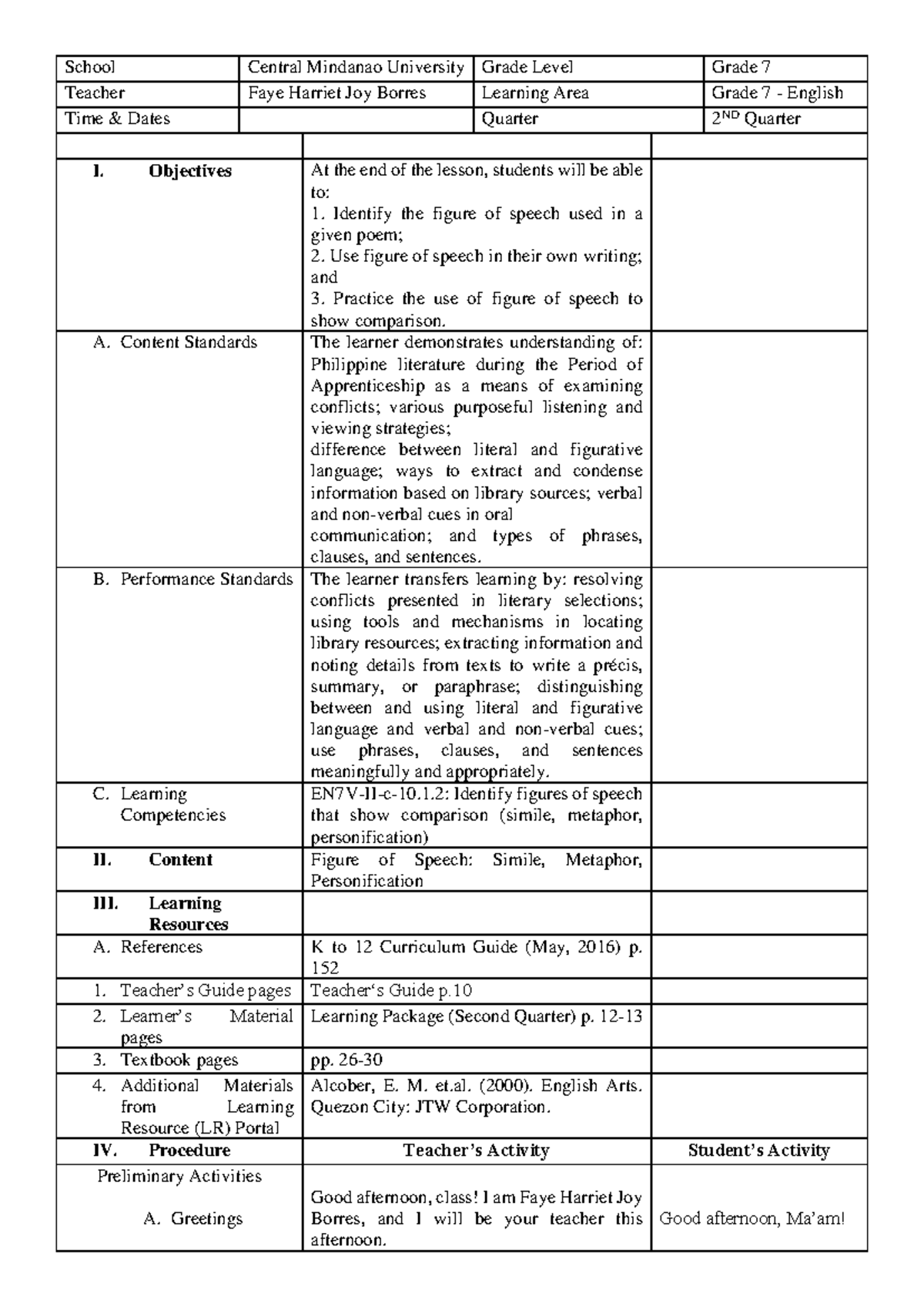 FAYE DLP 2 - Lesson Plan on Figures of Speech: Simile, Metaphor ...