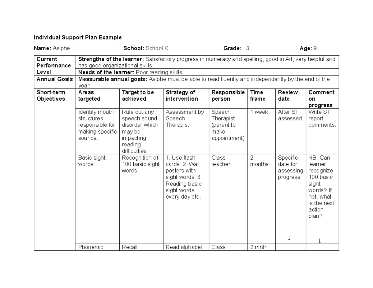 Individual Support Plan Example for Grade 3 - Asiphe's Progress - Studocu