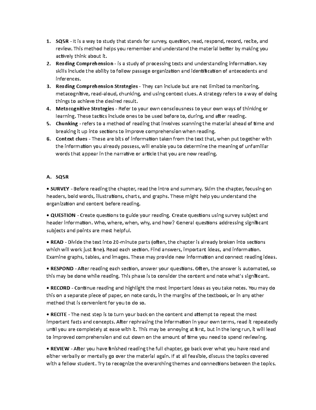 Reading Comprehension Notes Lesson 1 - 1. SQ5R - It is a way to study ...