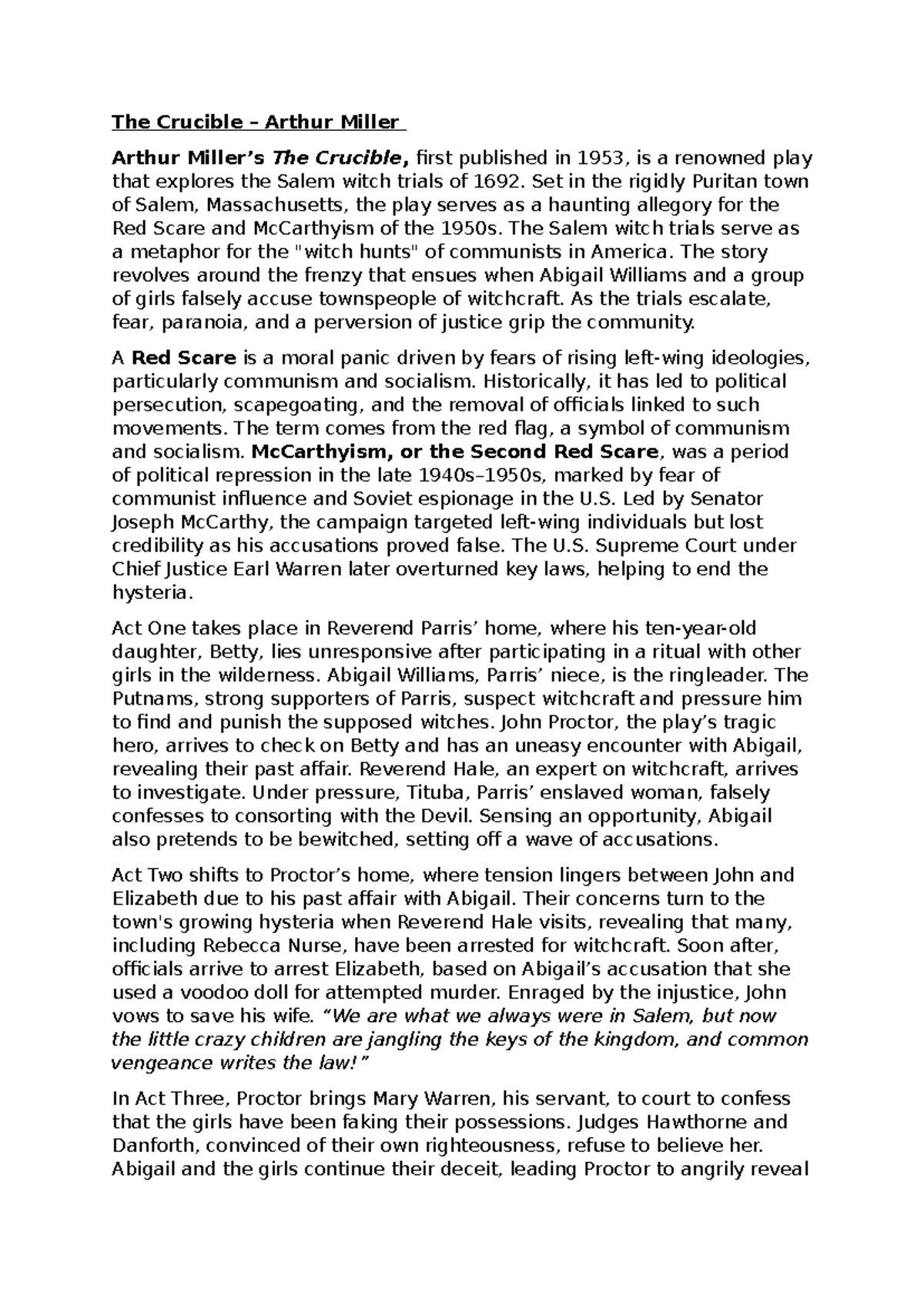 The Crucible Summary and Analysis: Themes & Characters Insights - Studocu