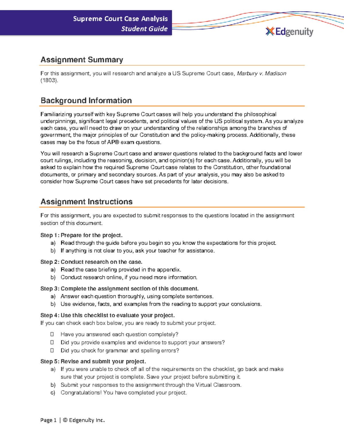 Project Marbury v Madison - Supreme Court Case Analysis Student Guide ...