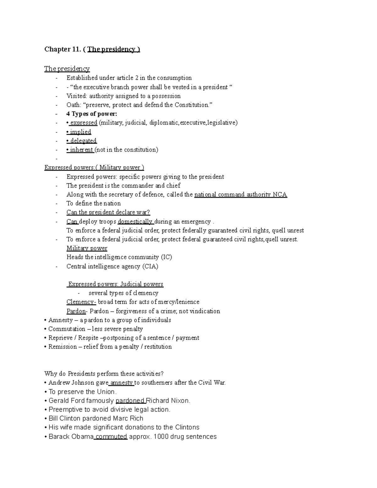 Presidential Powers and Responsibilities: Overview for POLI SCI 101 ...