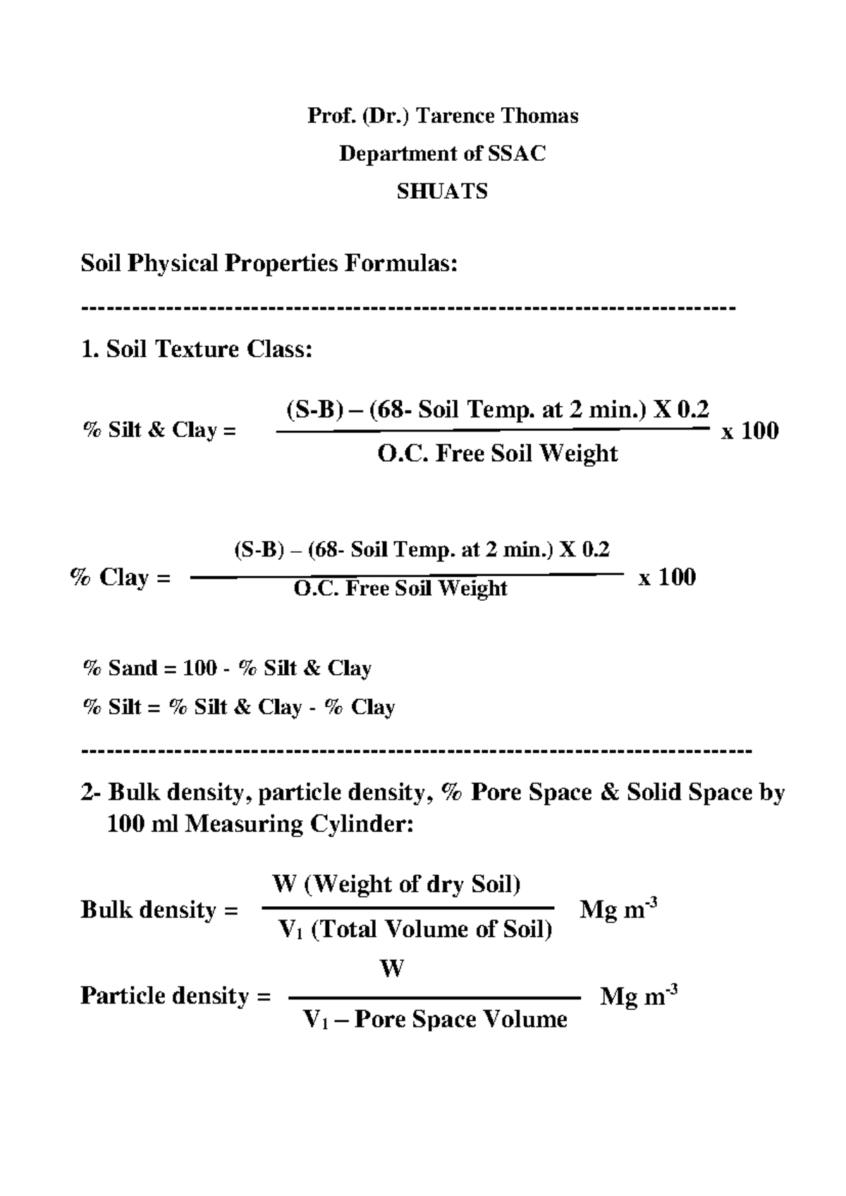 Soil Phy Pro Formula - notes - Prof. (Dr.) Tarence Thomas Department of ...